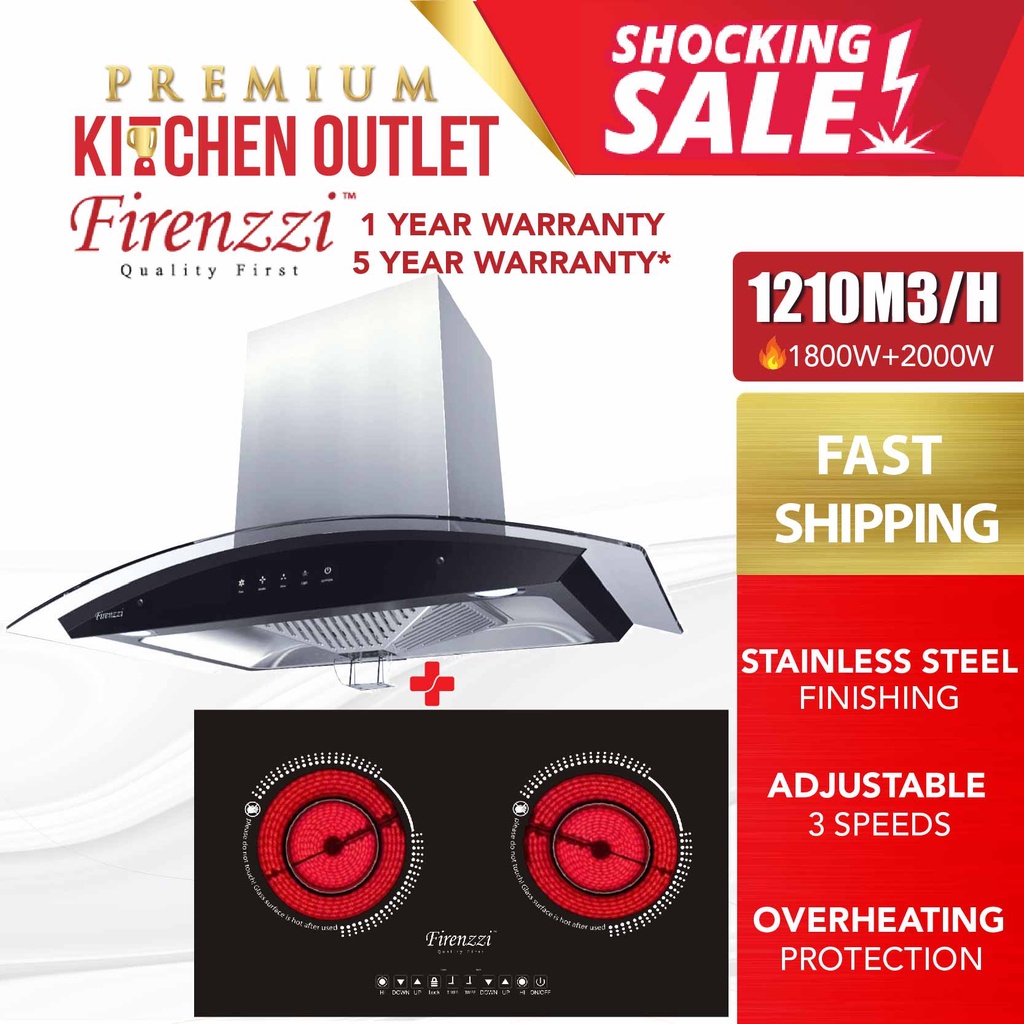 Firenzzi 1210m3/Hr Designer Cooker Hood FCH-9533 + 2 Cooking Zones ...