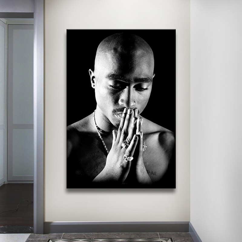 Black White Pac Praying Canvas Painting Poster Rapper Star Hip Hop Wall ...
