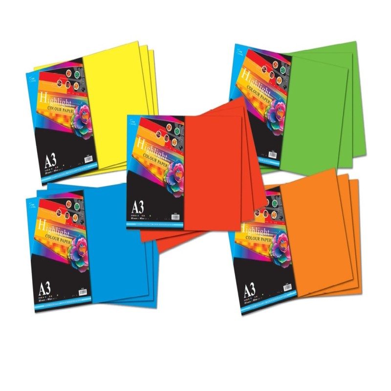 UNI HIGHLIGHT COLOUR PAPER 80GSM A3 (BLUE/RED/YELLOW/GREEN/ORANGE ...