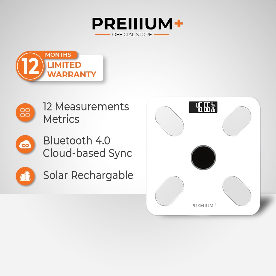 PREMIUM+ Digital Body Weight Scale Solar Powered Rechargable with 12 ...