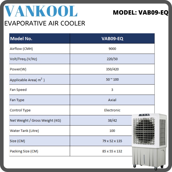 Vankool 100L Evaporative Air Cooler Auto Water Pump Commercial Air ...