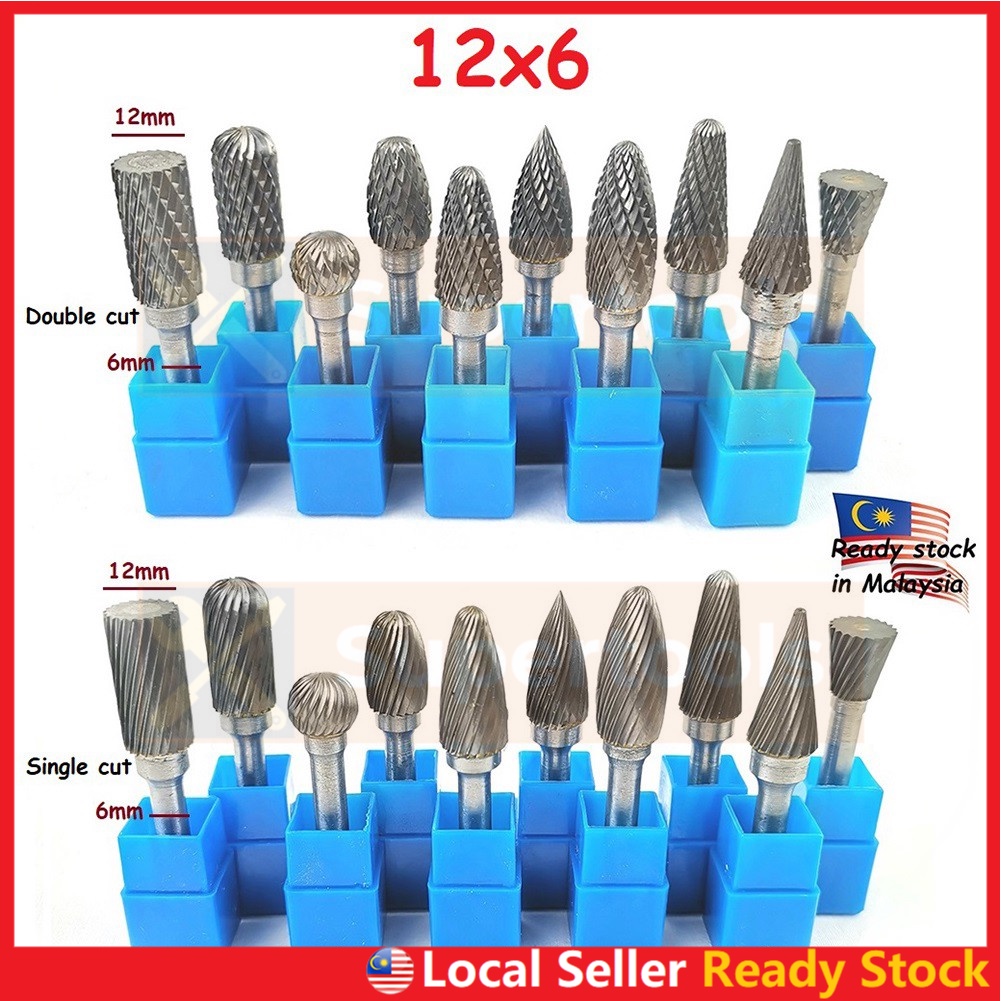 10pcs 12x6mm Tungsten Carbide Burr 6mm Single Cut Double Cut Rotary ...