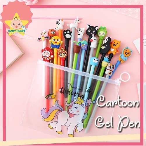[HS] Unicorn Cartoon Pen Black Ink Stationery with Case Pouch Kartun ...
