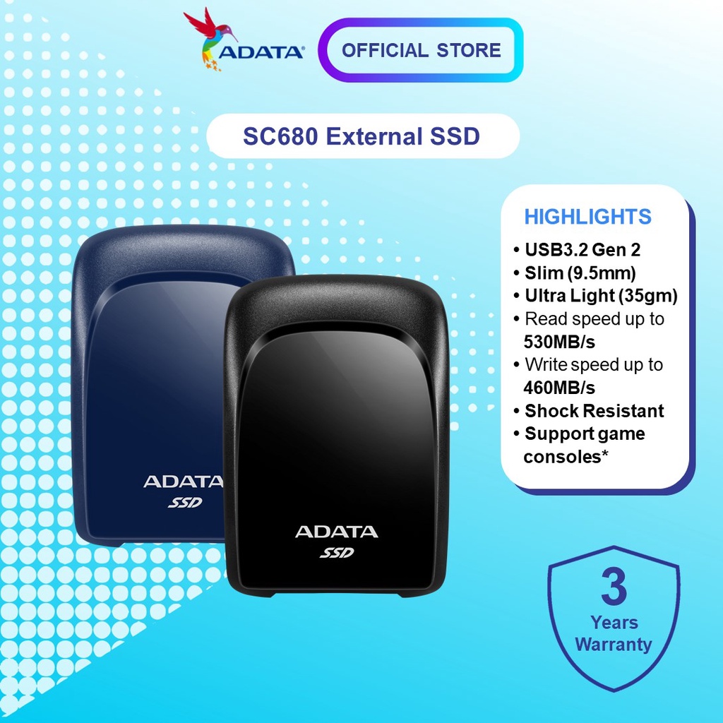 ADATA SSD External SC680 Type-C USB 3.2 Lightweight - Black/Blue (240GB ...