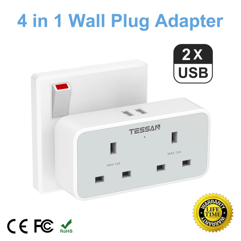 4 in 1 Wall Plug Adaptor Surge Protector Wall Charger USB Adapter ...