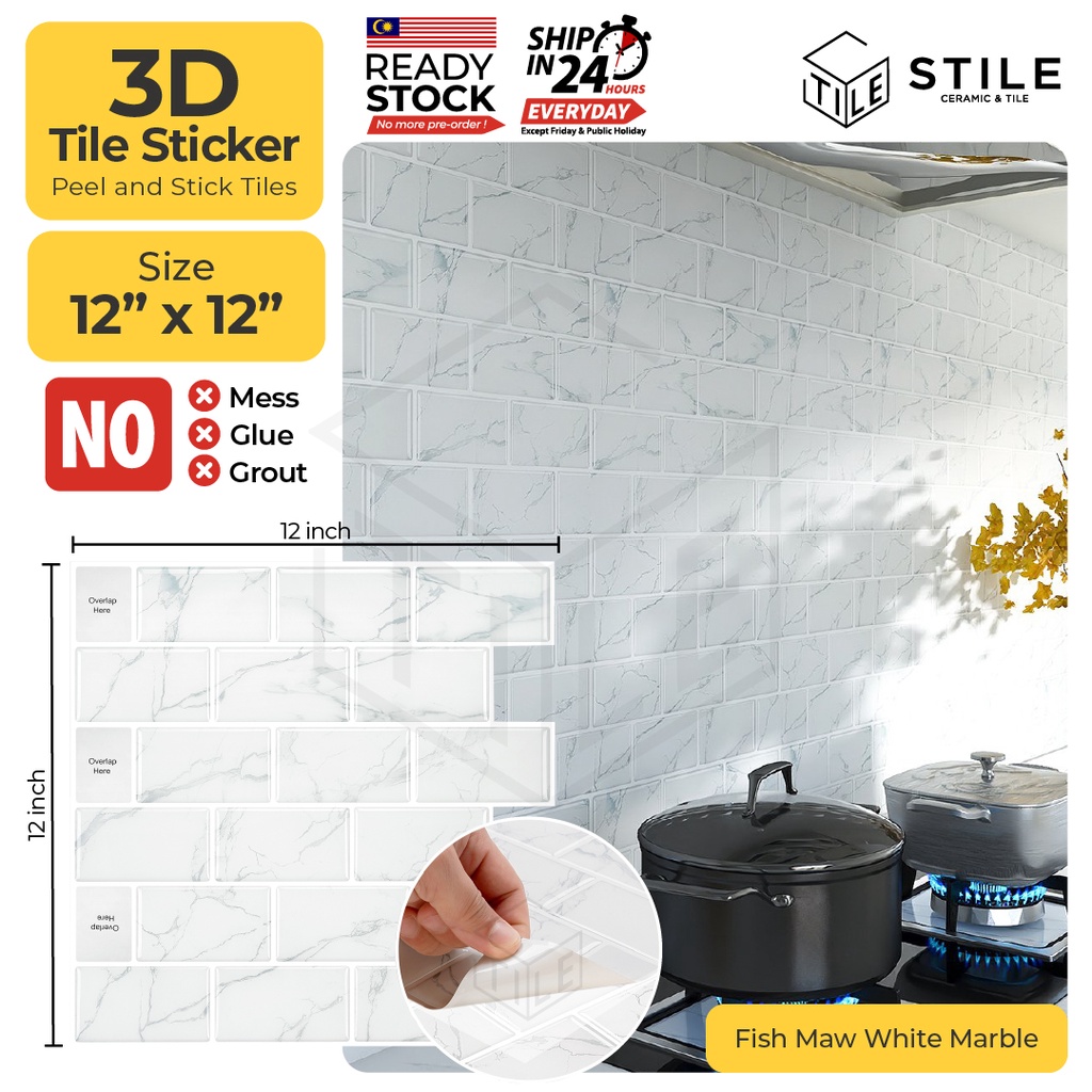 Fish Maw White Marble 3D Tiles Sticker Kitchen Bathroom Wall Tiles ...