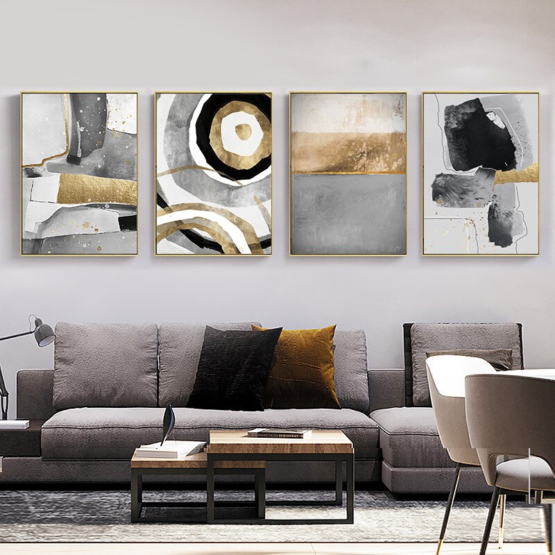Modern Abstract Geometric Color Block Poster Black Gold White Wall Art ...