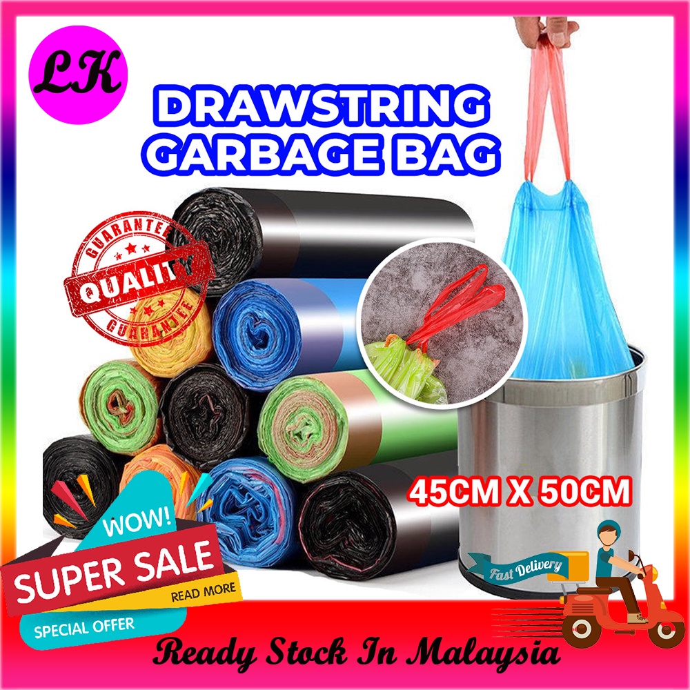 Ready Stock 45cmx50cm Drawstring Garbage Bag with Rope 15pcs/Roll Trash ...