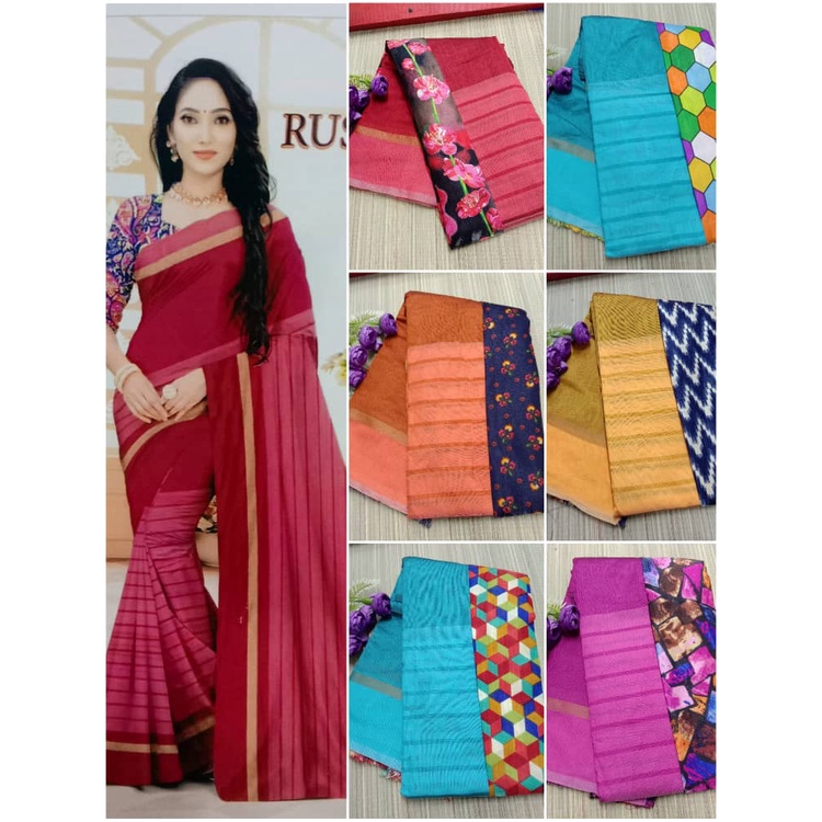 Saree Ready Stock / Mix Soft Cotton Saree / Printed Cotton Saree Blouse ...