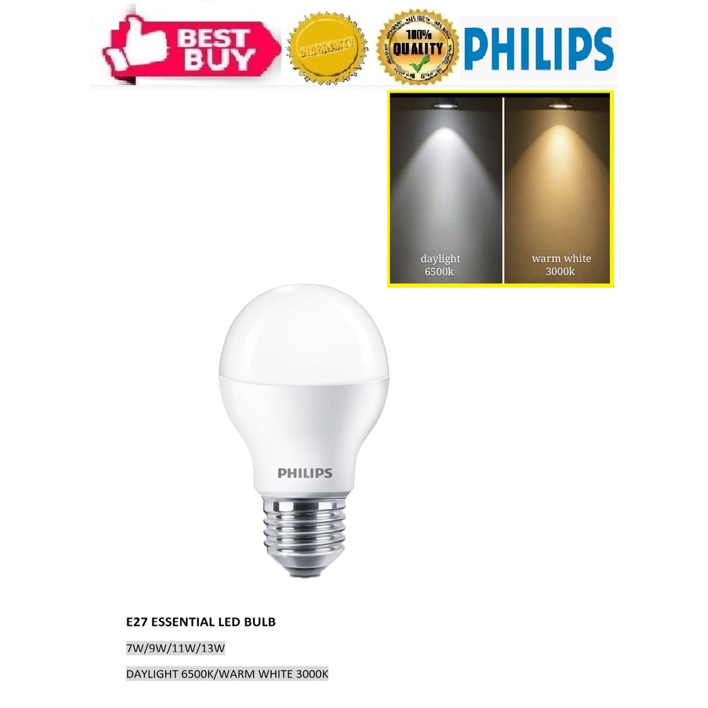 PHILIPS Essential LED Bulb - 7W/9W/11W/13W 3000K(Warm White)||6500K(Daylight) (A60 Ess) (E27 ...