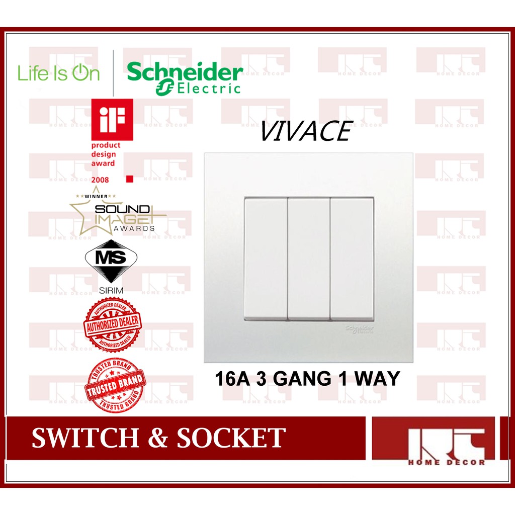 SCHNEIDER VIVACE SERIES 16A 3 GANG 1 WAY WALL SWITCH / WHITE ...