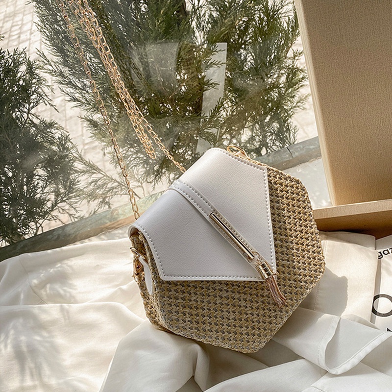 Hexagon Straw Women Summer Rattan Chain Shoulder Bag Handmade Woven ...