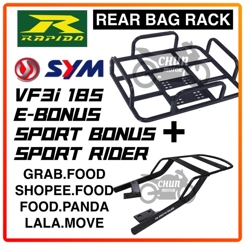 Rapido Monorack + Food / Bag Delivery Frame Rack Box Motorcycle SYM VF3i/SPORT BONUS/SPORT RIDER ...