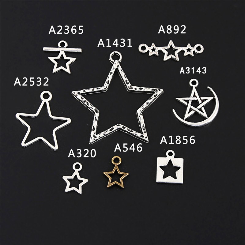 10pc Antique Silver Star Pentagram Charms Geometric Amulet Pendant ...