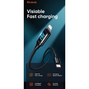 Mcdodo 3A 36W PD Data Cable with Digital Display for Light Type C 1.2M Super Charge Fast ...