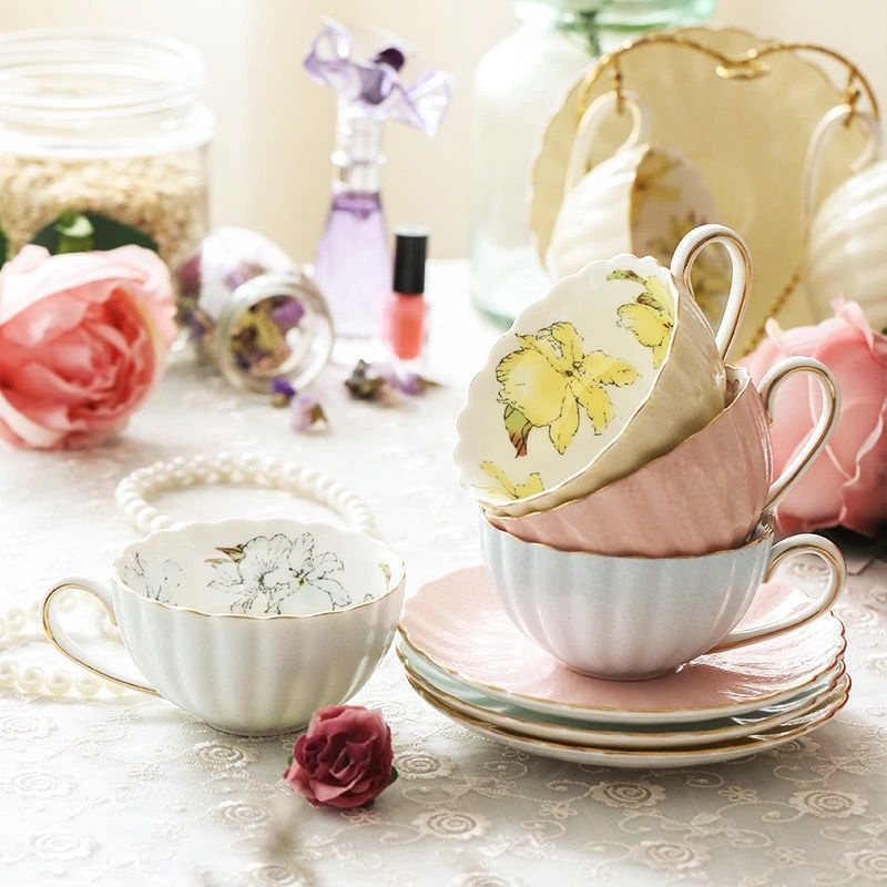 Flower Tea Cup Set with Gold Stand Porcelain Cup Set Tea Set English ...