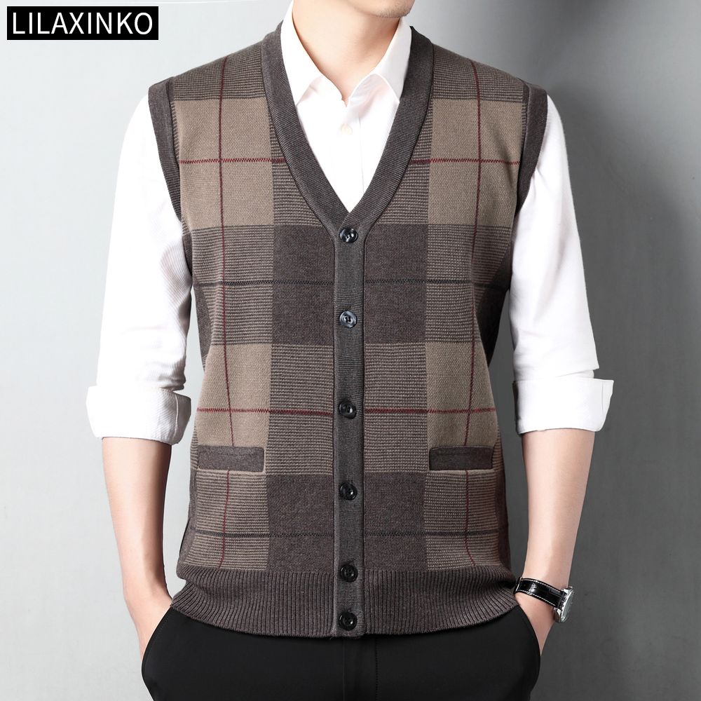5 Color Men Vest Sleeveless Sweater Knit V Neck Checkered Plaid Striped ...