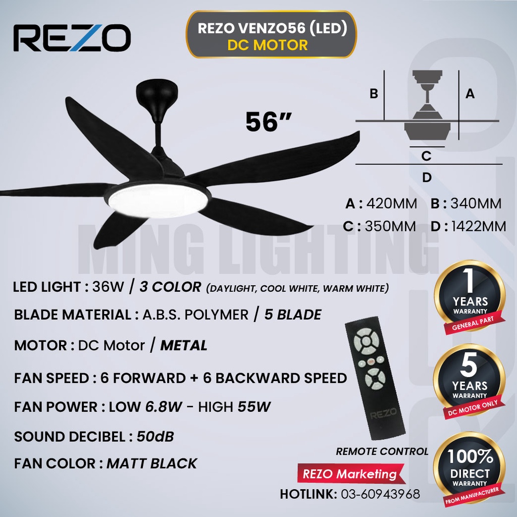 (Sirim) REZO Ceiling Fan Kipas Siling MY56 AC DC Motor Remote Control ...