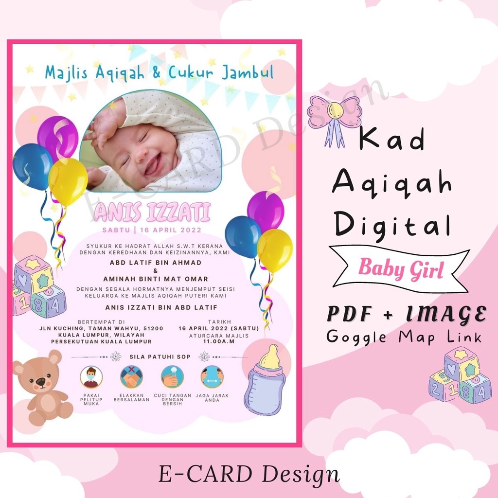 [BABY GIRL] 2IN1 ECARD PDF & JPEG Happy Birthday Kad Aqiqah & Majlis ...