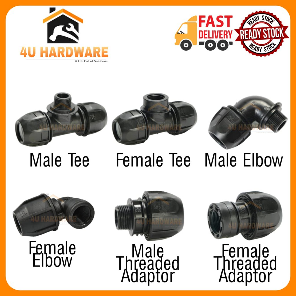 Poly Pipe Fittings/HDPE/Male/Female Elbow/Bend/Tee/Threaded Adaptor/Socket/15mm(1/2")/20mm(3/4 ...