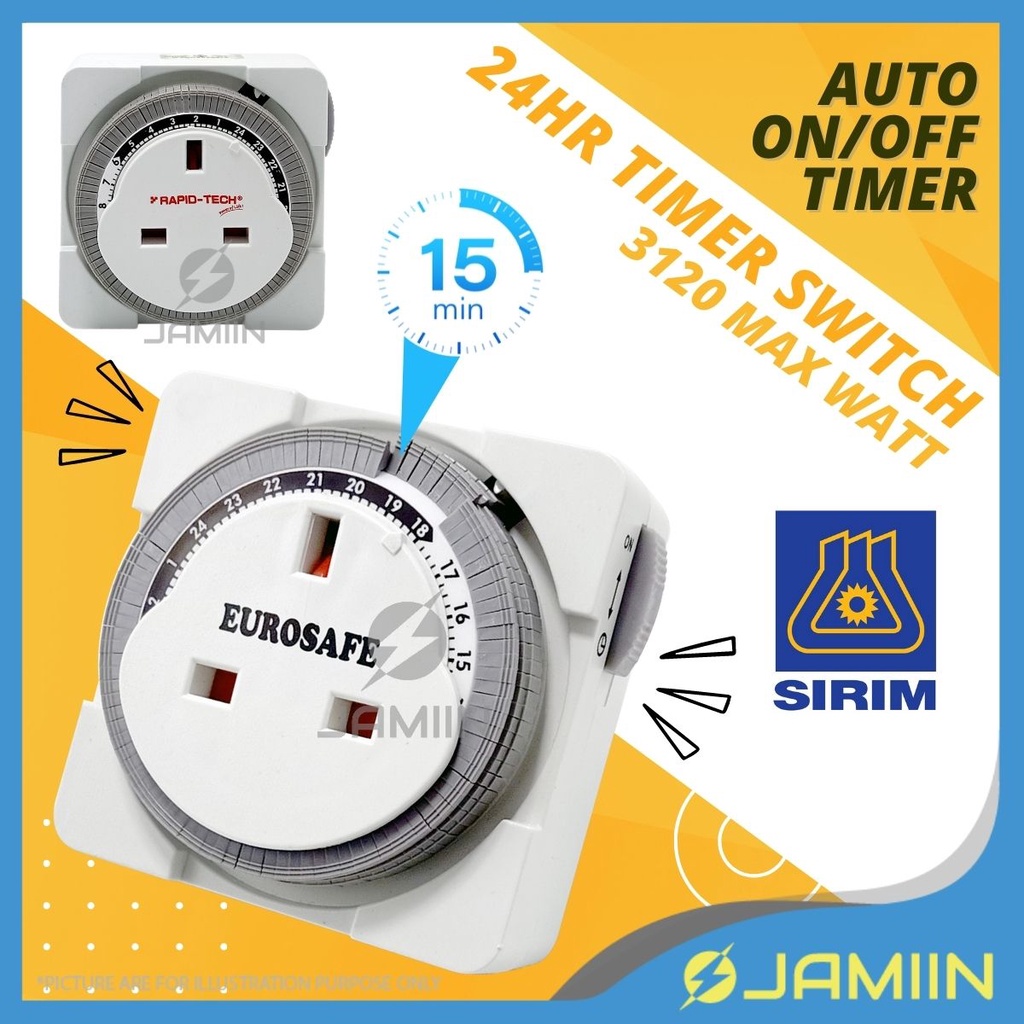 (SIRIM) EUROSAFE/DLX/RAPID-TECH 24hrs 13Amp Plug In Timer Switch Analog ...