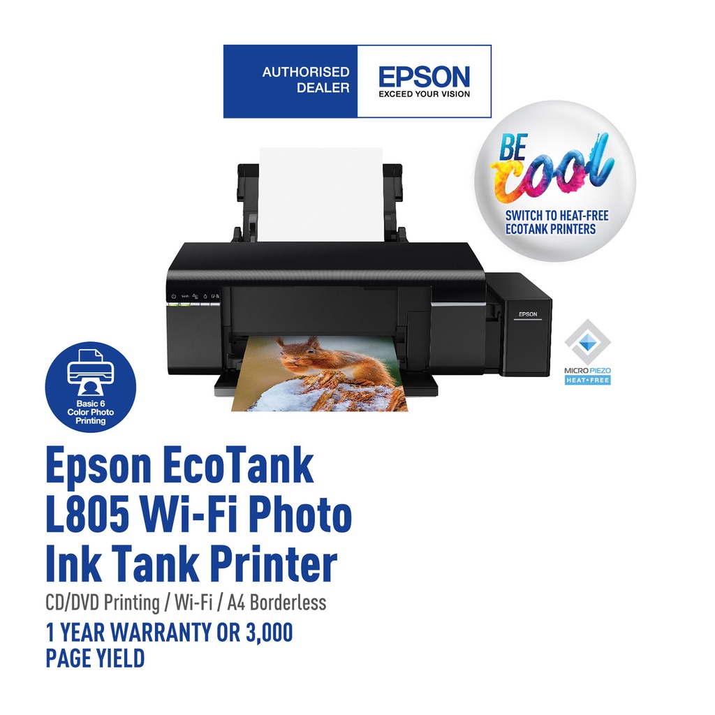 Epson L805 A4 Print Only 6 Colour Wi-Fi Ink Tank Printer Mobile Printing Support Borderless ...