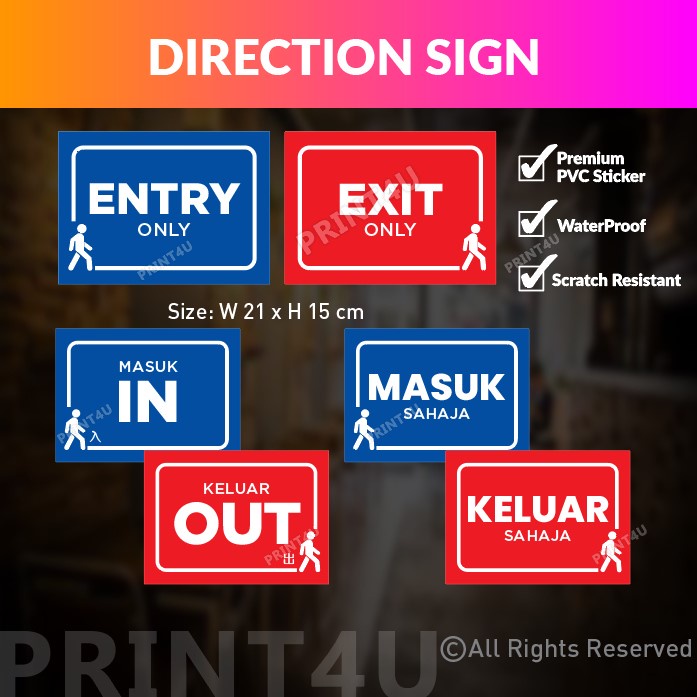 PRINT4U SOP DIRECTION SIGNAGES STICKER ENTRY EXIT ONLY | MASUK & KELUAR ...