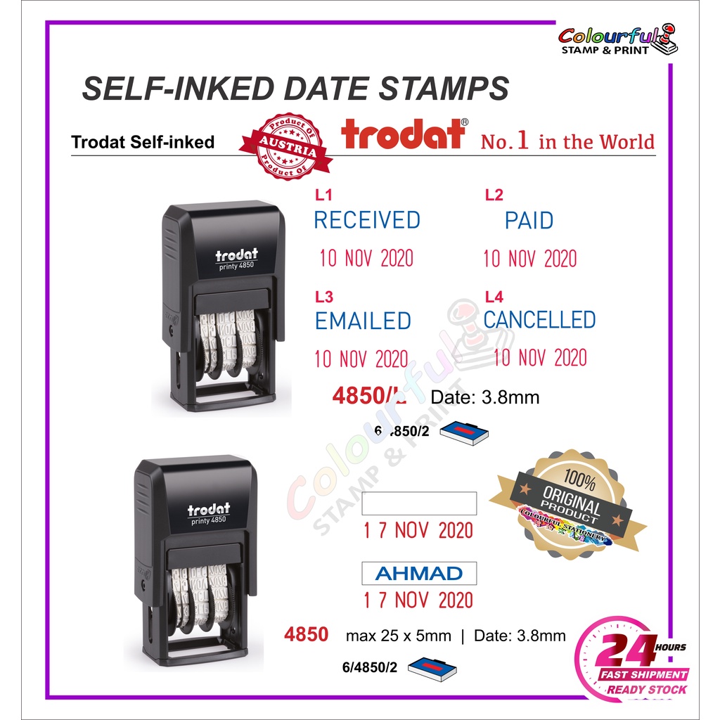Trodat Self-inked Date Rubber Stamp ,Trodat 4850, Hight Quality.(Hospital, Office, School ...