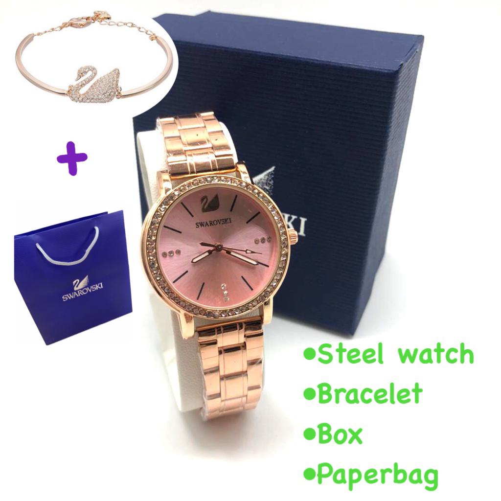 Swar-voski women diamond Rosegold stainless steel watch bracelet full ...