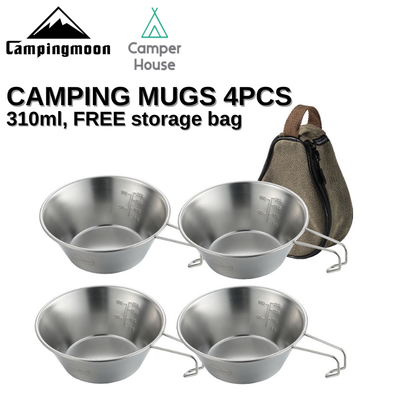 {Ready Stock] Campingmoon 4pcs Set Stainless Steel Camping Sierra Cup Bowl 310ml with Storage ...