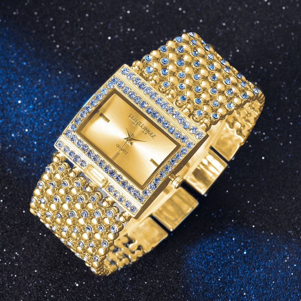 Luxury Rhinestone Square Dial Quartz Watch Women Gold Stainless Steel ...