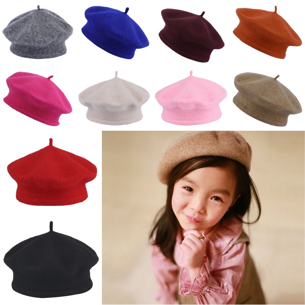 Kids Girls French Solid Wool Berets Hat Classic Vintage Warm Beanie Cap ...