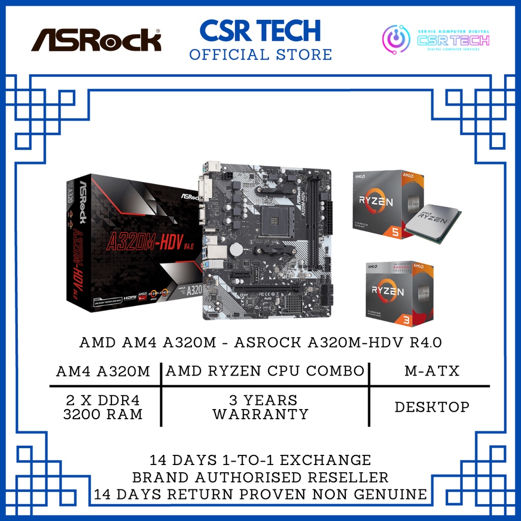 ASROCK A320M-HDV R4.0 AMD AM4 A320 MOTHERBOARD + AM4 RYZEN ZEN 3 COMBO ...