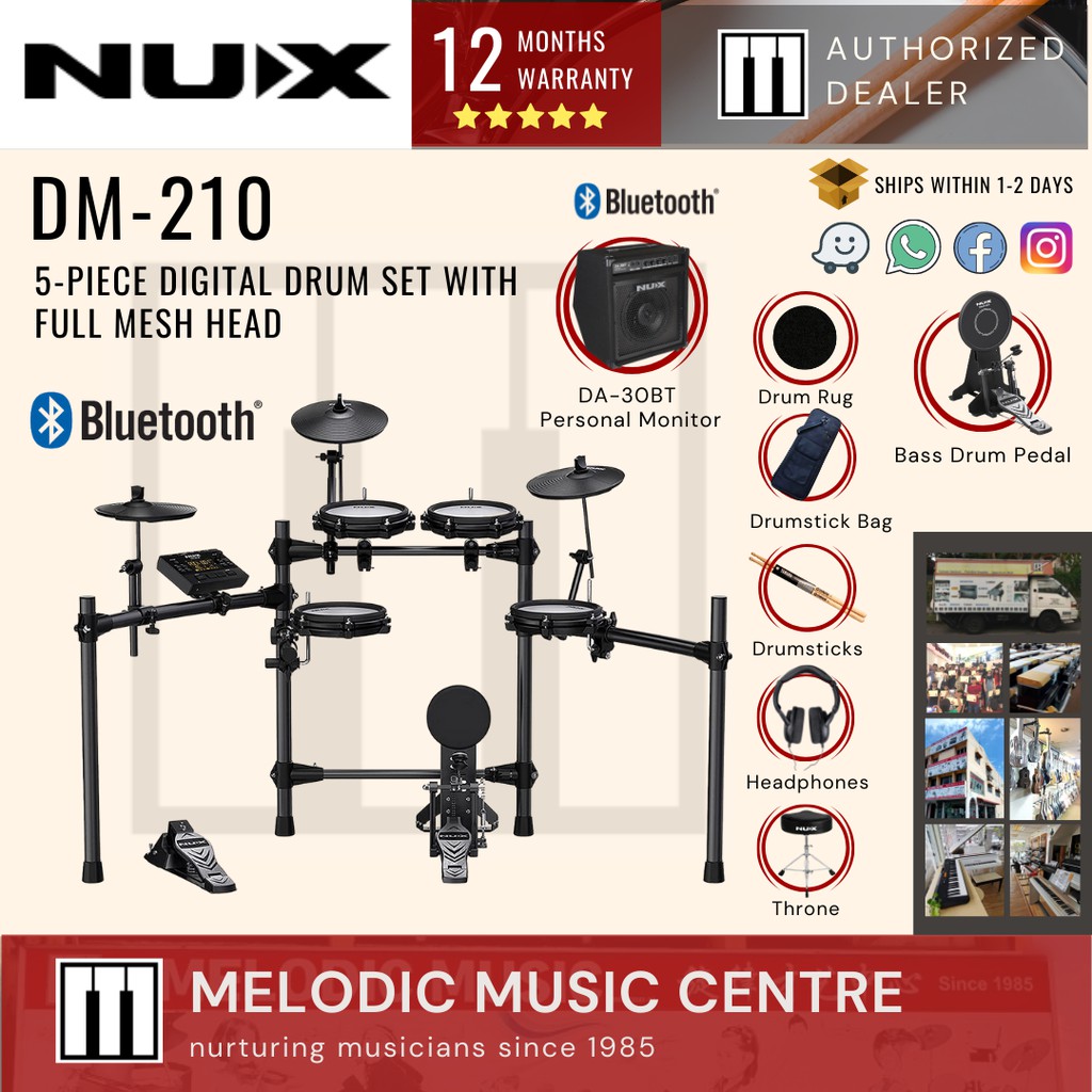 NUX DM-210 5 Piece Digital Drum Set with Full Mesh Head and DA-30BT ...