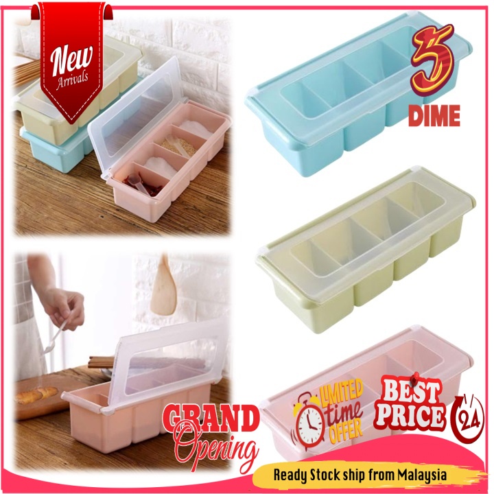 FIVE & DIME 4 Grid Seasoning Spice Container 4 in 1 Seasoning Box Salt ...