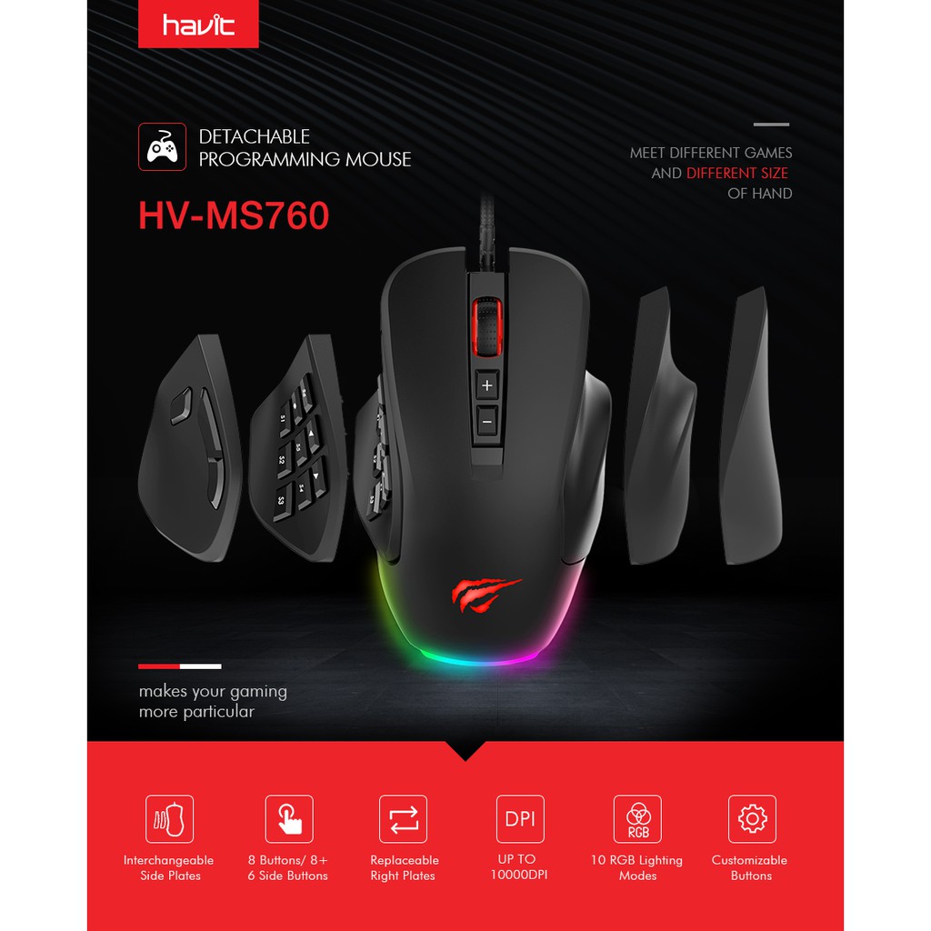 Havit Gaming Mouse 10000 DPI Wired Mice with 14 Programmable Buttons ...