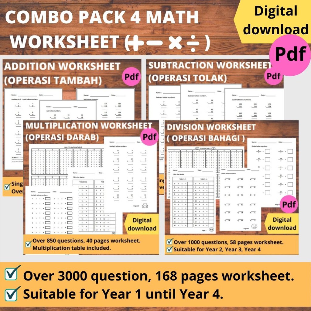 COMBO 4 PACK Math Worksheet Tambah tolak Darab Bahagi pdf file | Shopee Malaysia