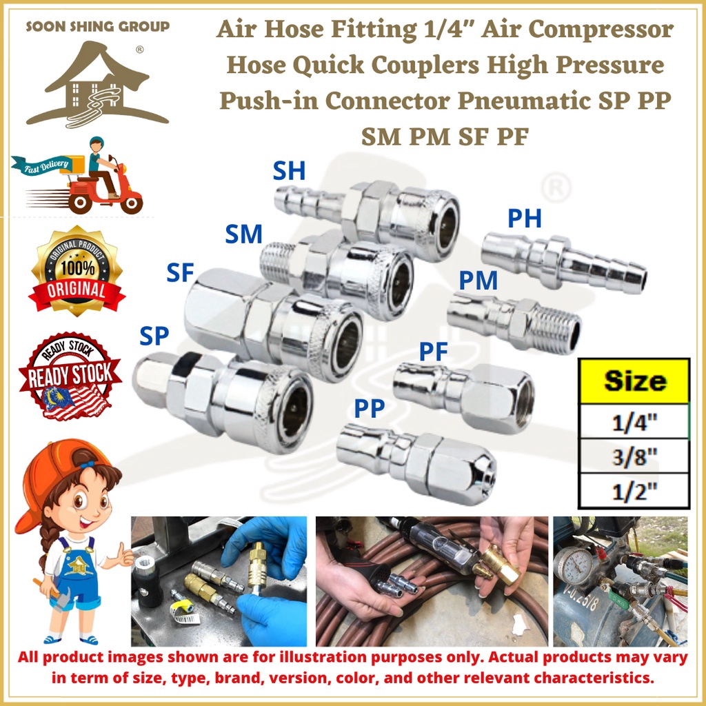 Air Hose Fitting 1/4" Air Compressor Hose Quick Couplers High Pressure Push-in Connector ...
