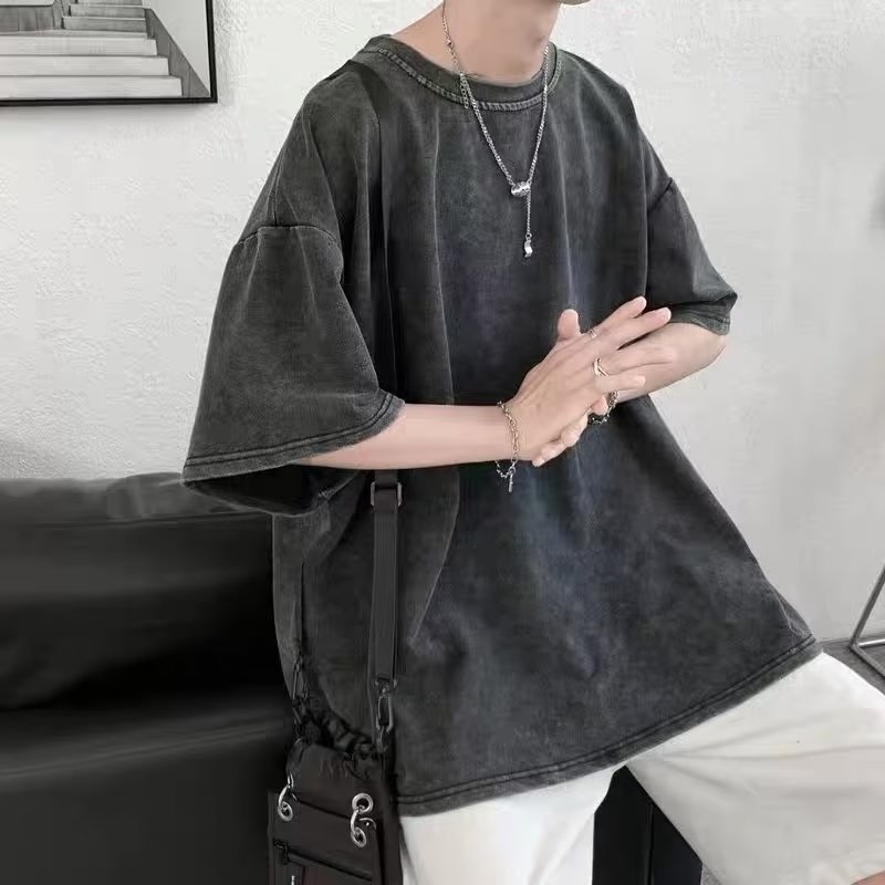 M-8XL American Casual Heavy Washed Distressed Short-Sleeved T-Shirt Men Women Summer European ...