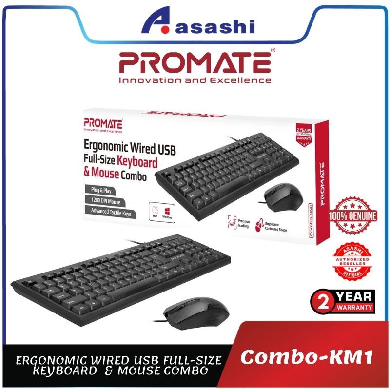 Promate Combo-KM1 Ergonomic Wired USB Full-Size Keyboard & Mouse Combo ...