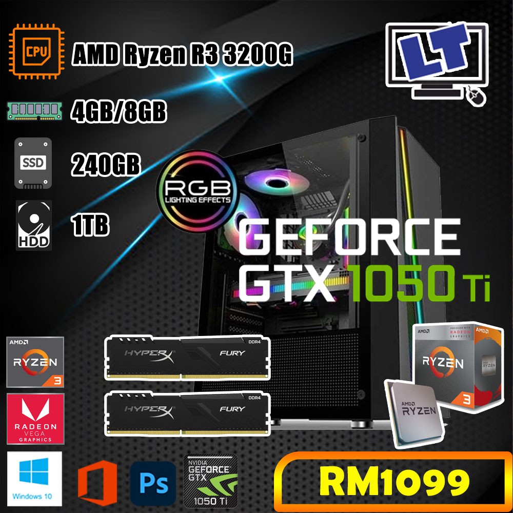 Customize Gaming Budget Ryzen R3 3200G GTX1050Ti Desktop PC Computer ...