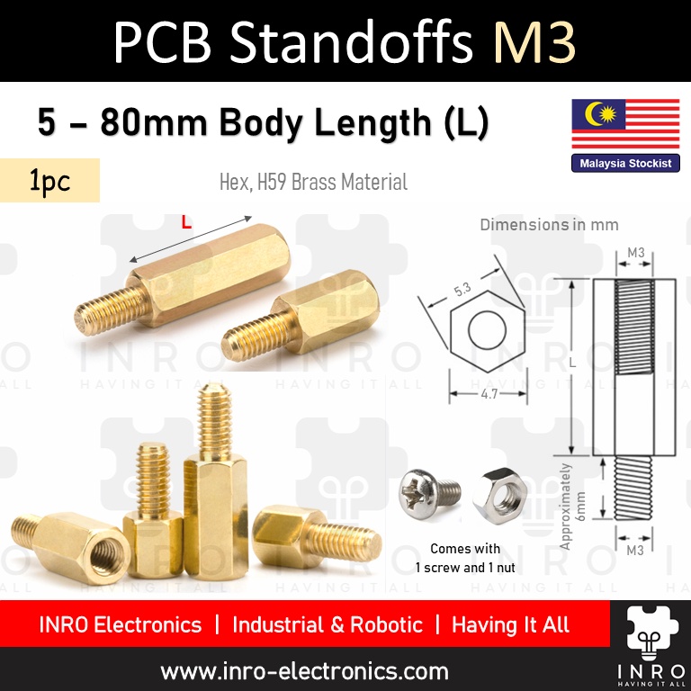 M3 PCB Standoff (Screw & Nut) Length= 5mm / 10mm / 15mm / 20mm / 25mm / 30mm / 35mm/ 40mm / 50mm ...