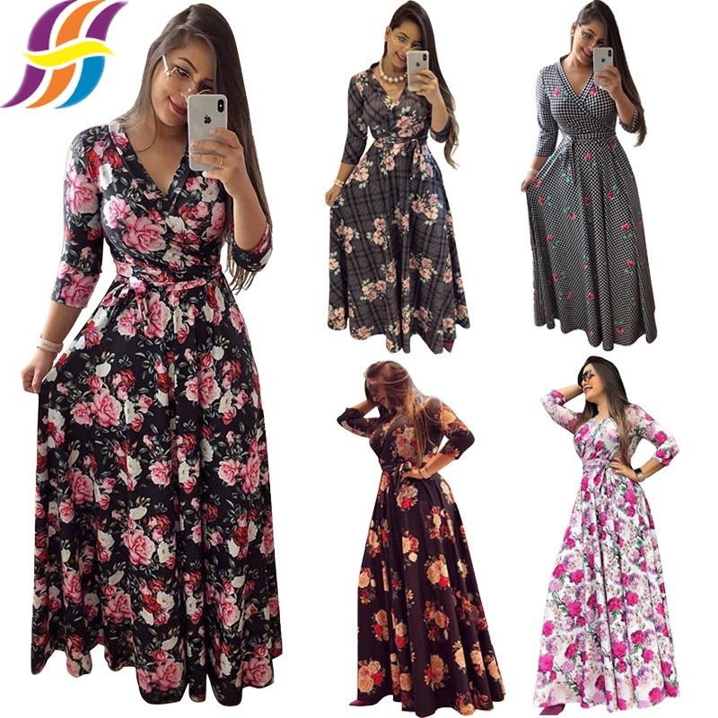 Women's Dress Floral Print Maxi Dress A Line Long Dresses Casual Wrap ...
