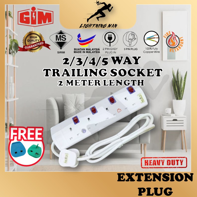 [ Free Plug Key ] Sirim 2mtr New Gim 3 4 5 Way White Portable Trailing Socket Extension Plug