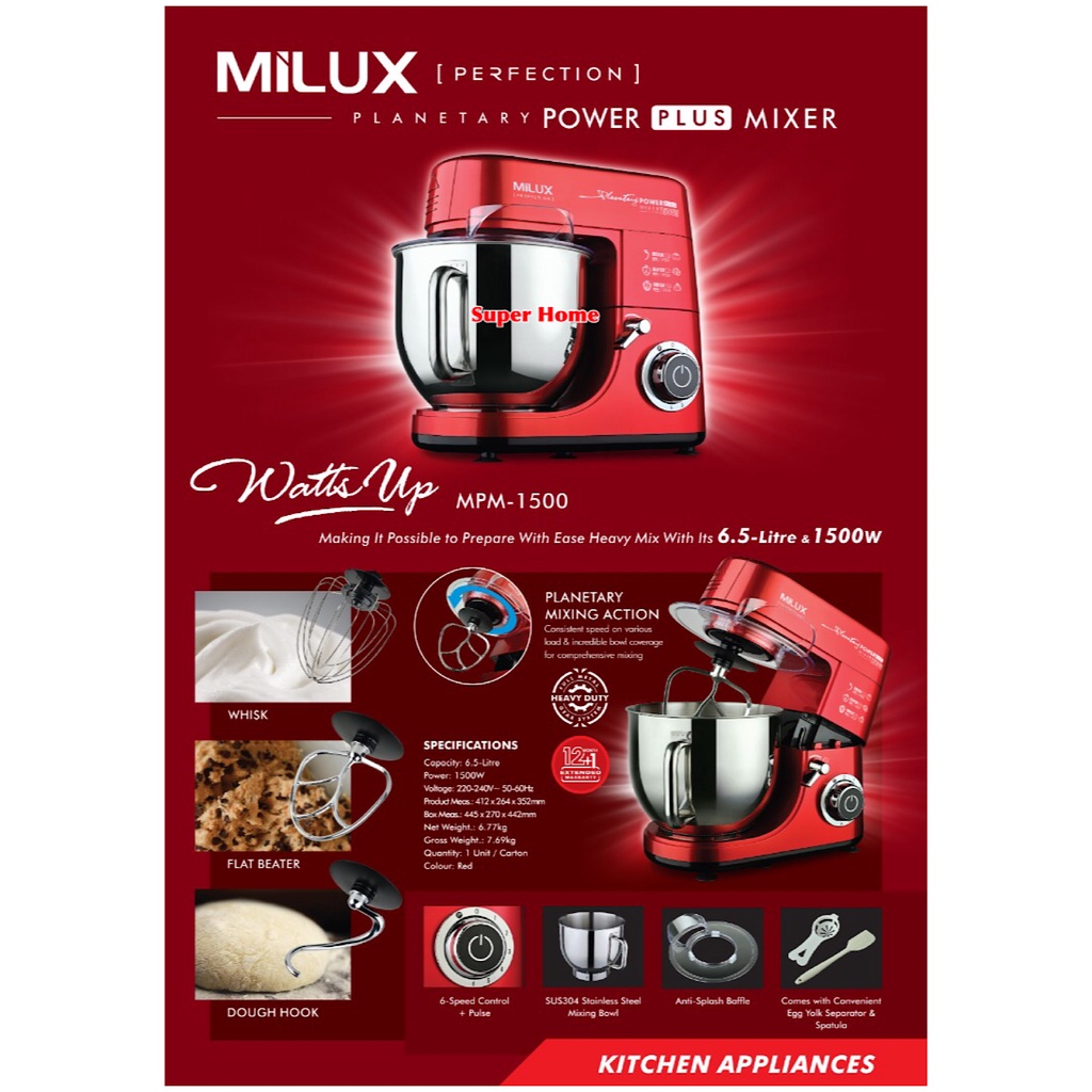 Milux Power Stand Mixer MPM-1500 PERFECTION Planetary Power Plus Mixer ...