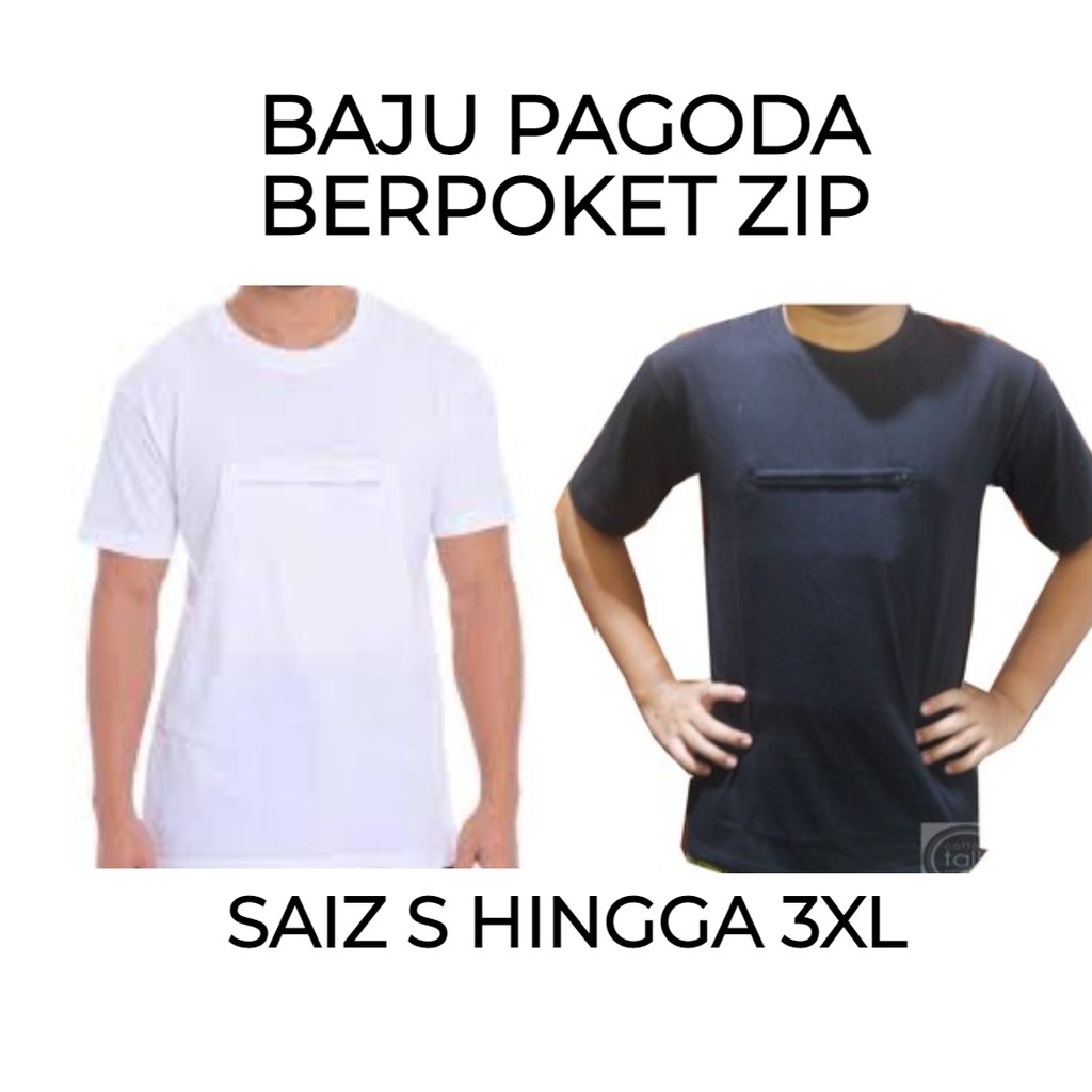 TSHIRT PAGODA BERPOKET ZIP HITAM PUTIH / BAJU TSHIRT UMRAH HAJI HITAM ...
