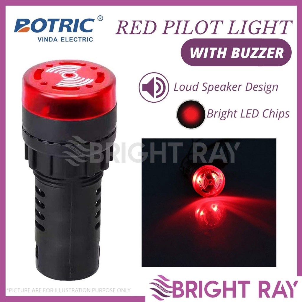 BOTRIC 22mm Pilot Lamp with BUZZER Red Alarm LED Indicator Light AD22 ...