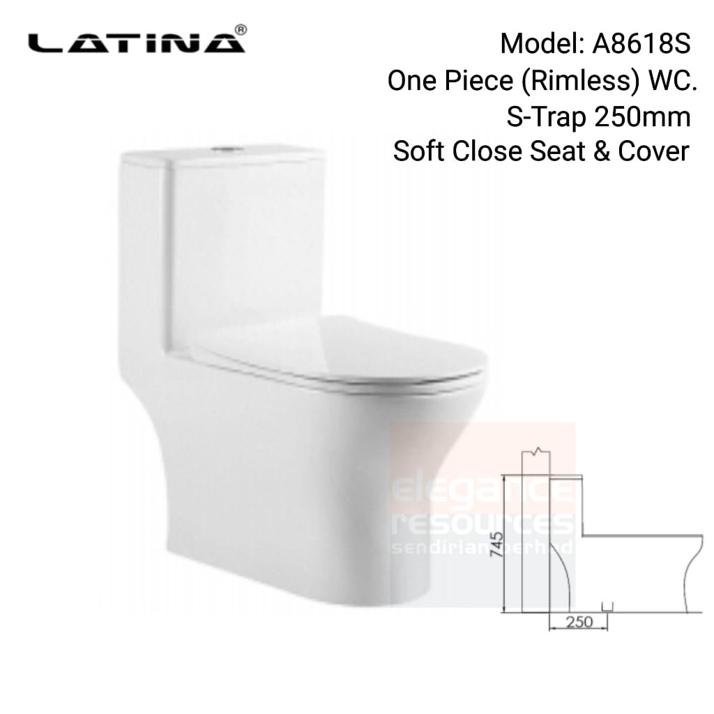 LATINA WC One Piece Rimless Wash Down Water Closet S-Trap 250mm c/w ...
