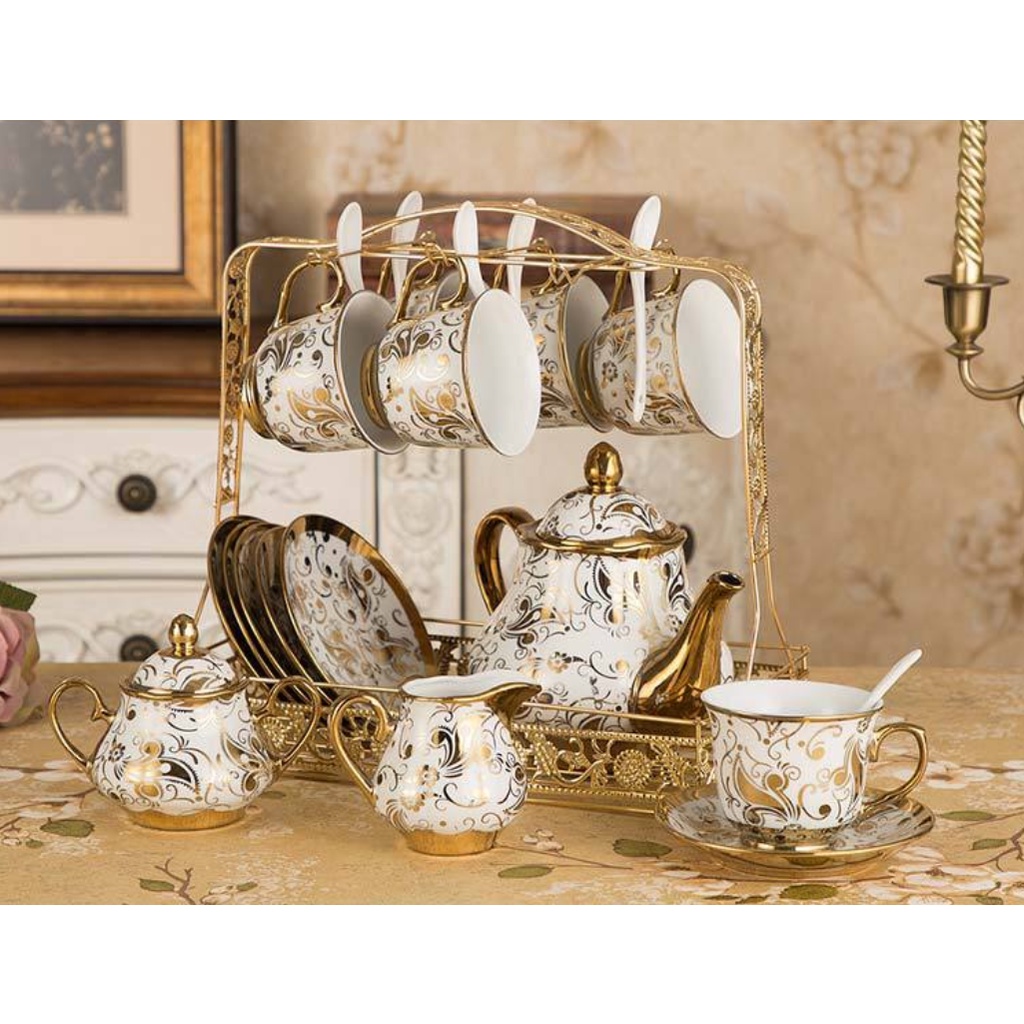 BO.EN 16PCS Nordic ceramic drinking set with Gold Rim / Afternoon Tea ...