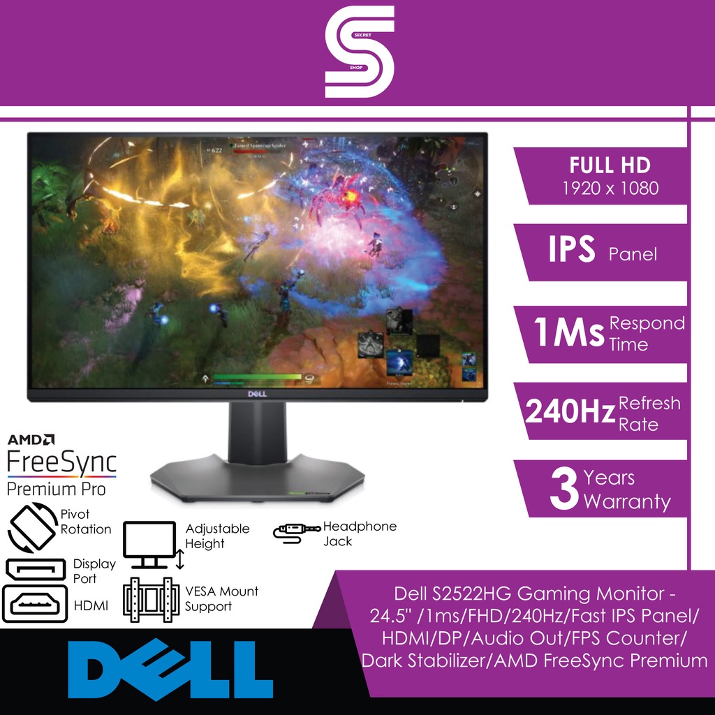 Dell S2522HG Gaming Monitor - 24.5"/1ms/FHD/240Hz/Fast IPS Panel/ HDMI ...